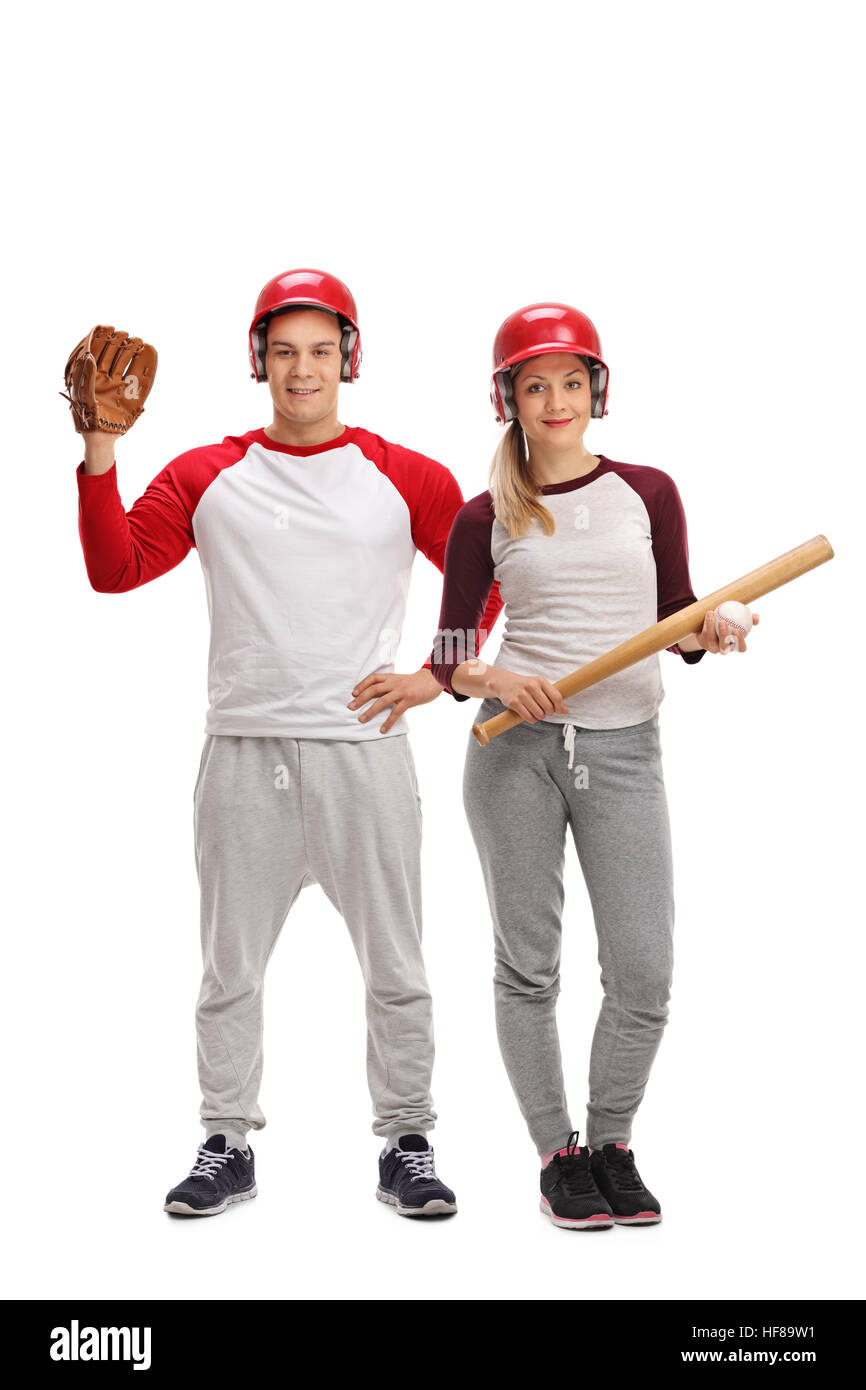 Full length portrait of a male baseball player with a glove and a ...