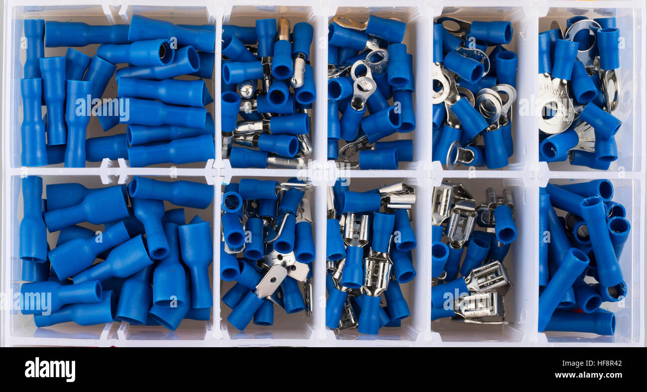 Blue electric terminal connectors organized in plastic contaner Stock ...