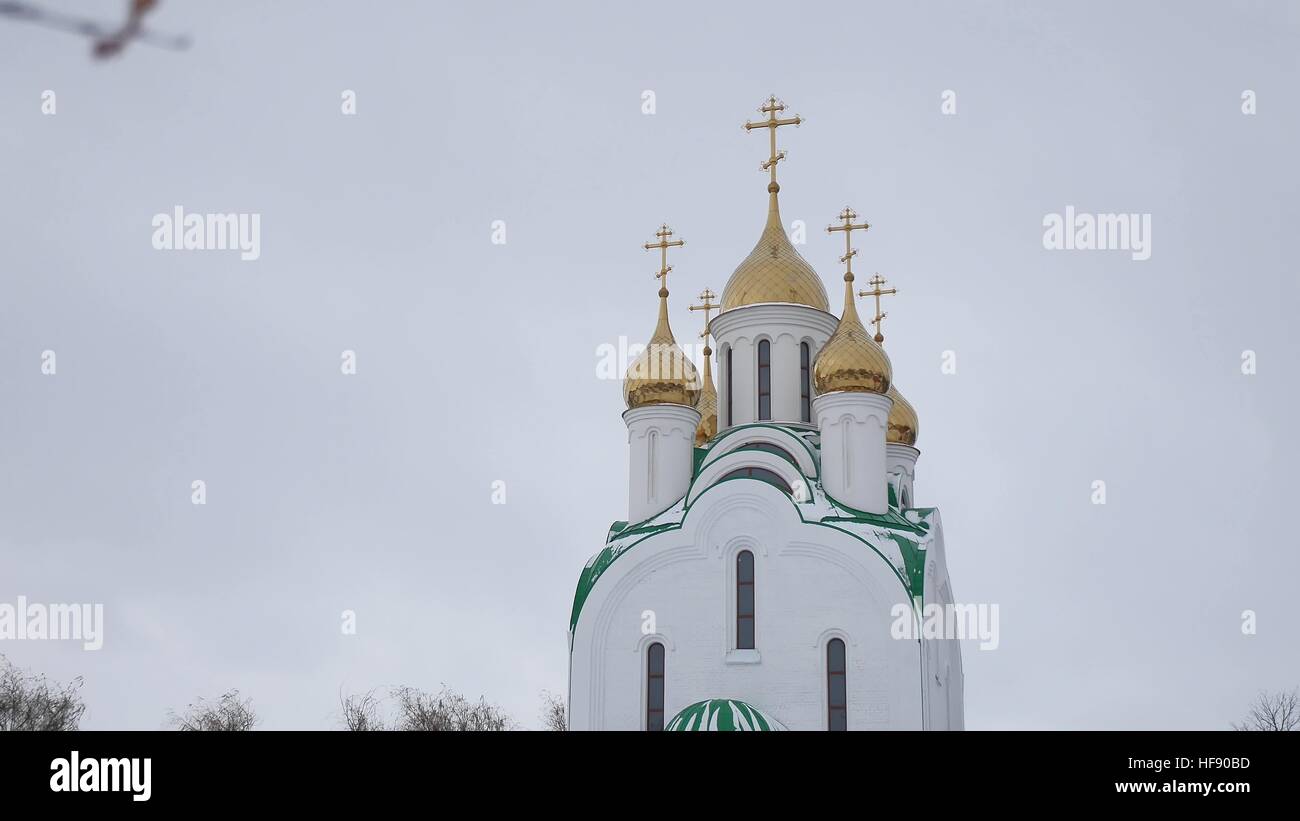 church with crosses and domes of Russia Russian church on a gray ...