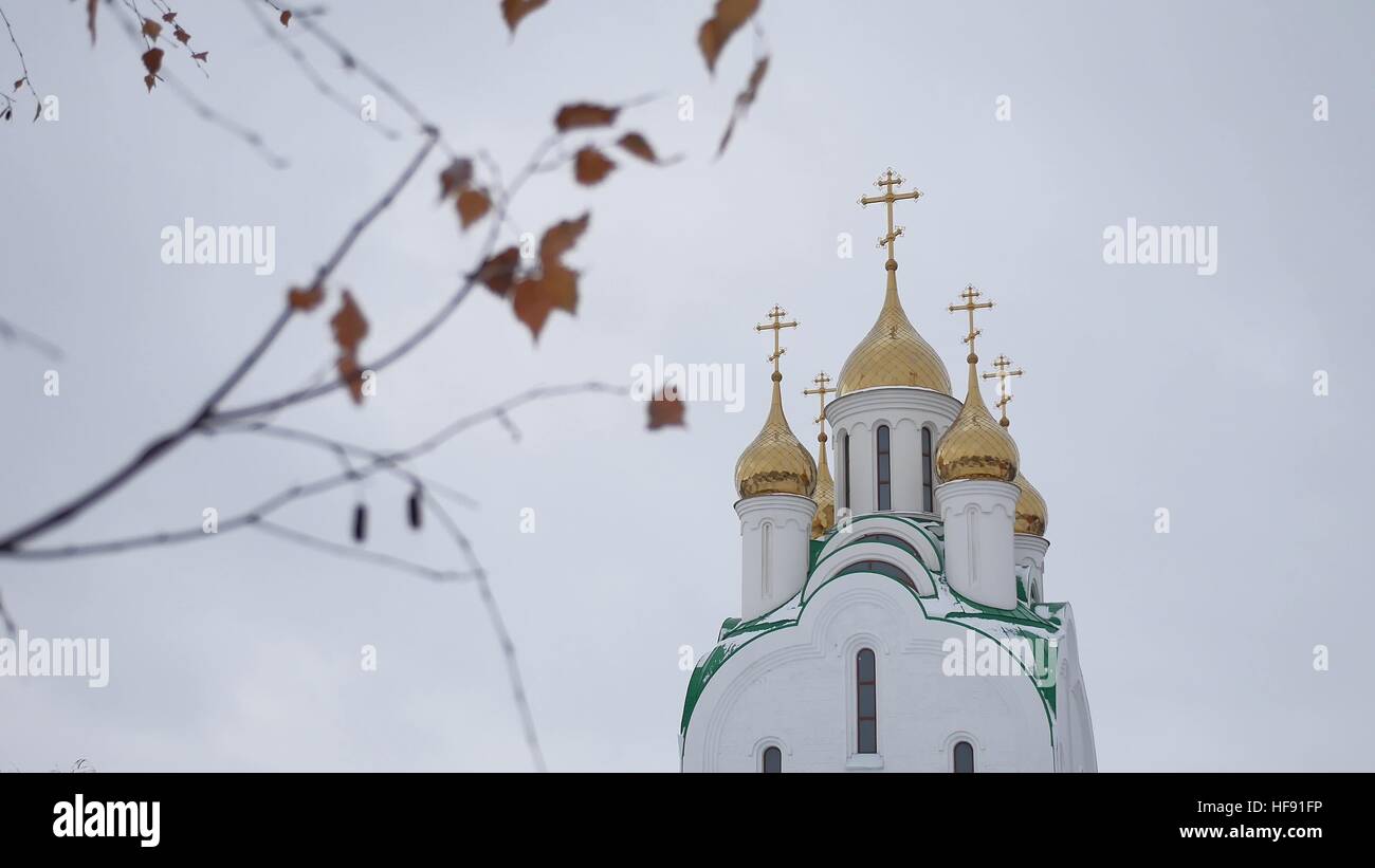 Russian church with domes and crosses of birch branch on a gray ...