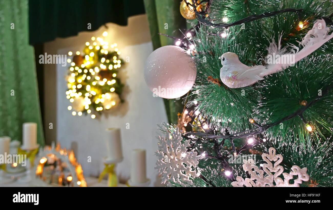 Christmas interior tree and New Year toys blinking room lights and ...