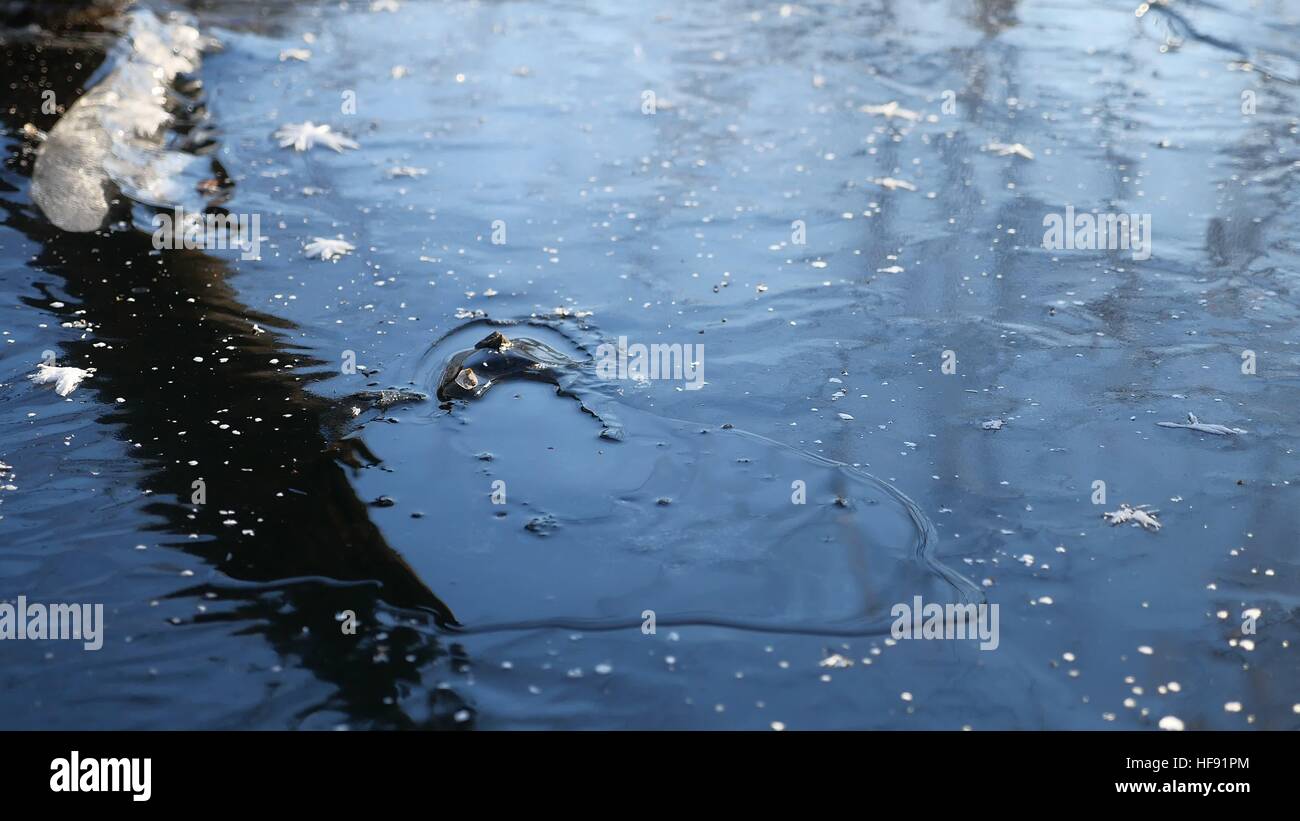 water flows through a hole in the ice end of winter nature landscape ...