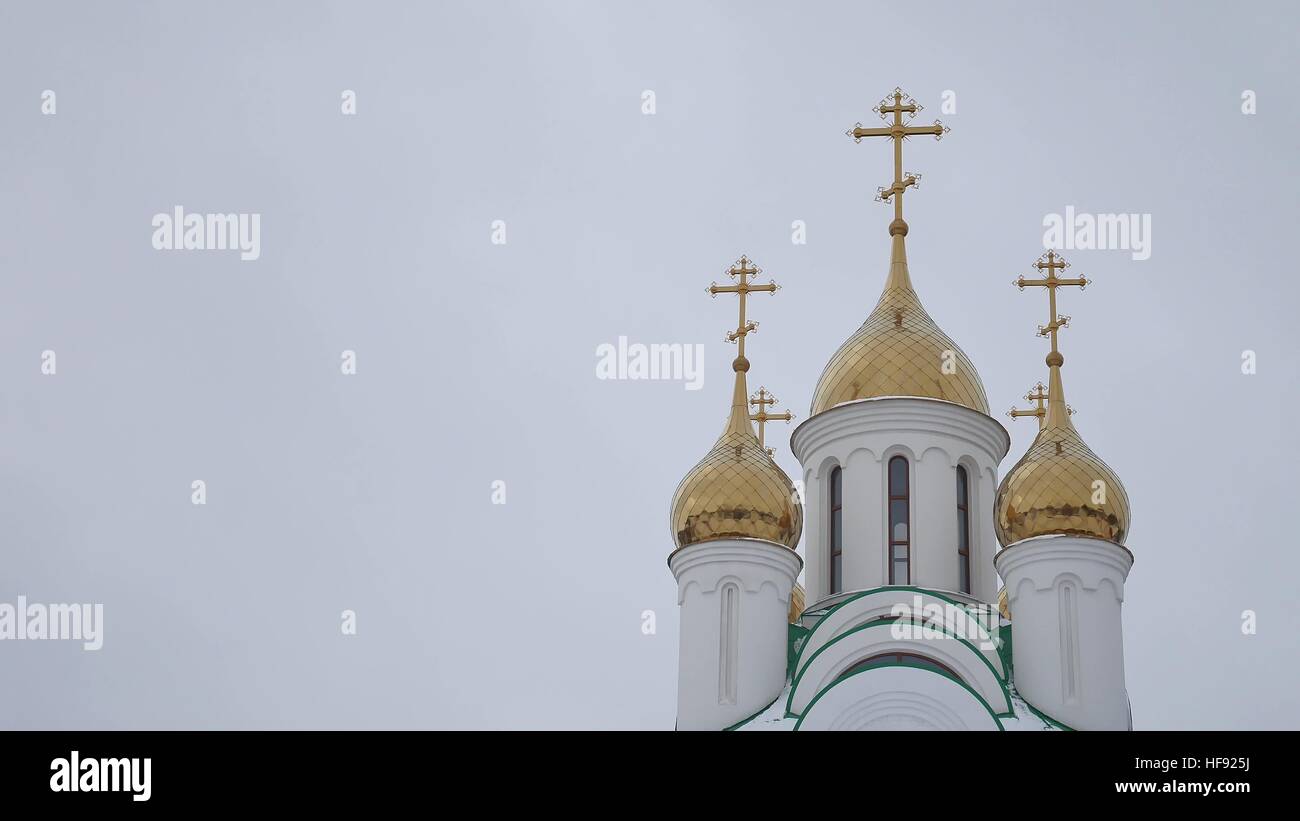 church with crosses and domes of Russia Russian church a gray ...