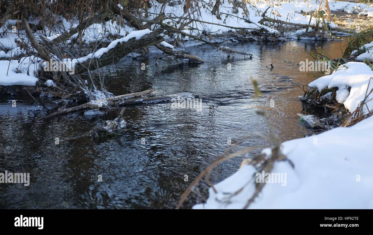 Forest river flowing water late winter a nature melted ice landscape ...