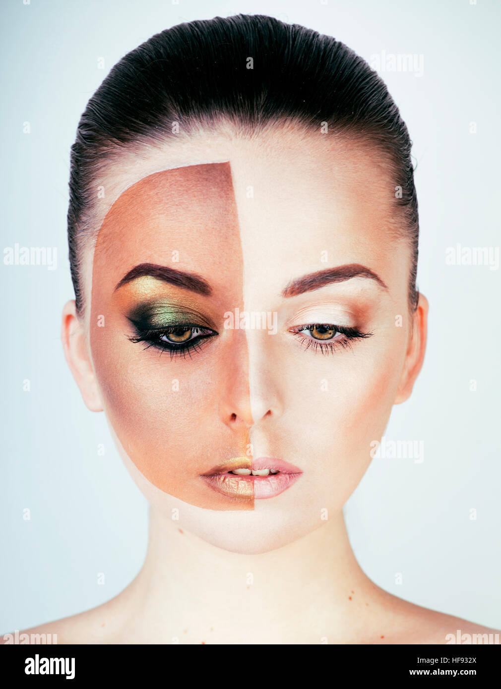 half faced woman before tanning and after, creative make up Stock Photo ...