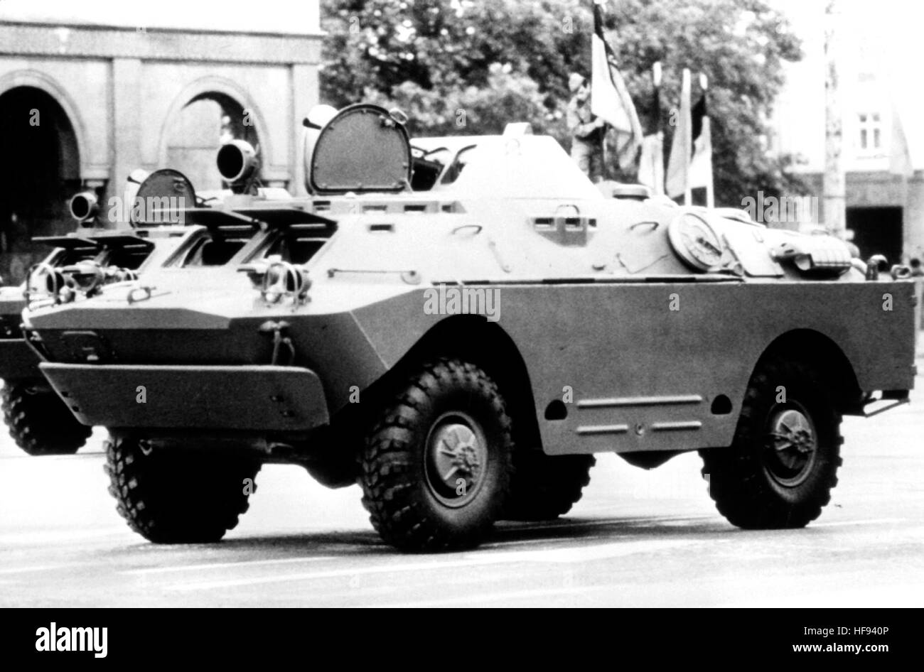 A left side view of a Soviet BDRM-2 reconnaissance vehicle armed with a ...