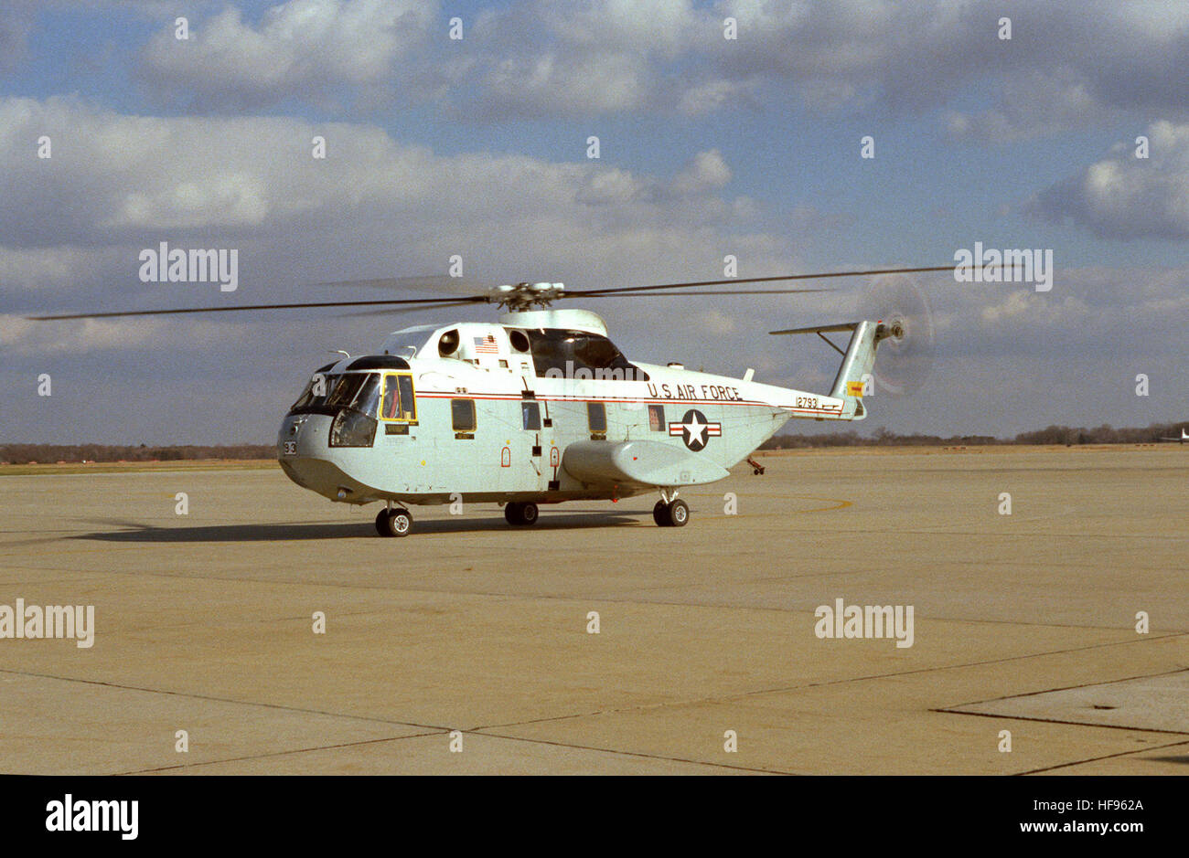 A left front view of an Air Force CH-3 Sea King helicopter parked on ...