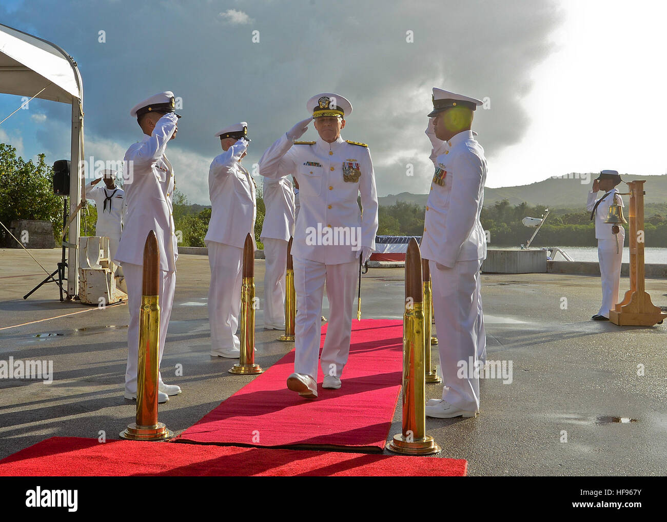 U.S. Navy Rear Adm. Phillip Sawyer, center, the commander of Submarine ...
