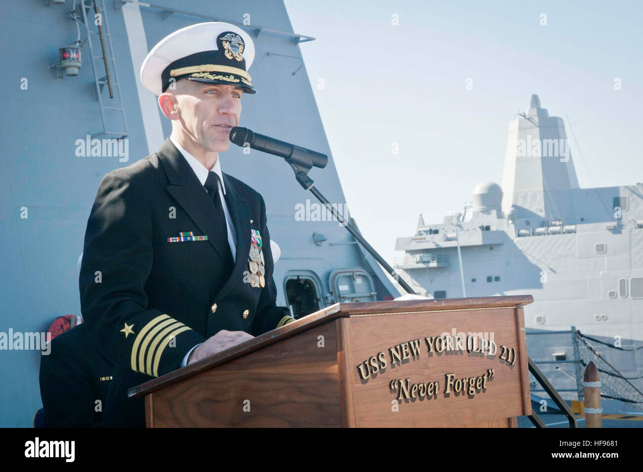 A change of command ceremony is held aboard USS New York (LPD 21) as ...