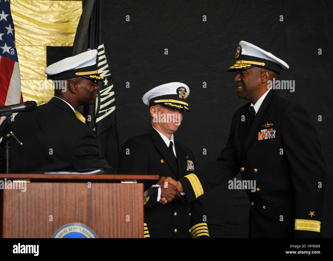 Rear Adm. Frank Ponds, right, commander of Expeditionary Strike Group 3 ...