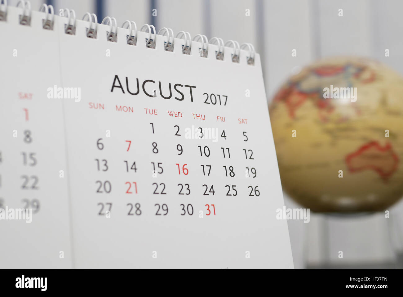 Close up calendar of August 2017 with blur earth globe background Stock ...