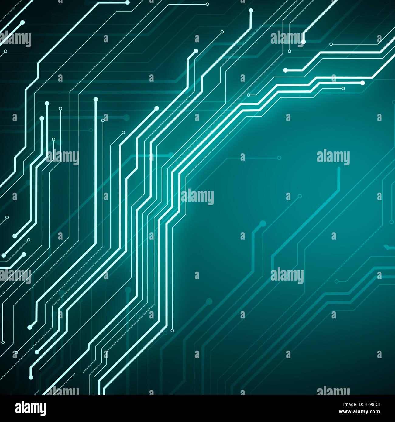 Digital conceptual image circuit microchip on turquoise blue background ...