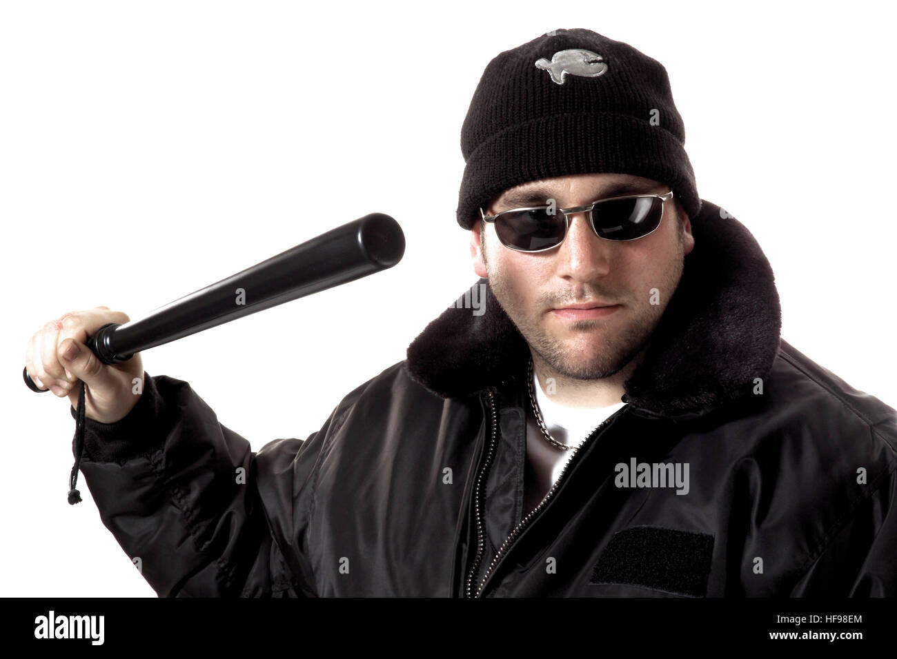 Thug wearing sunglasses holding a club Stock Photo - Alamy