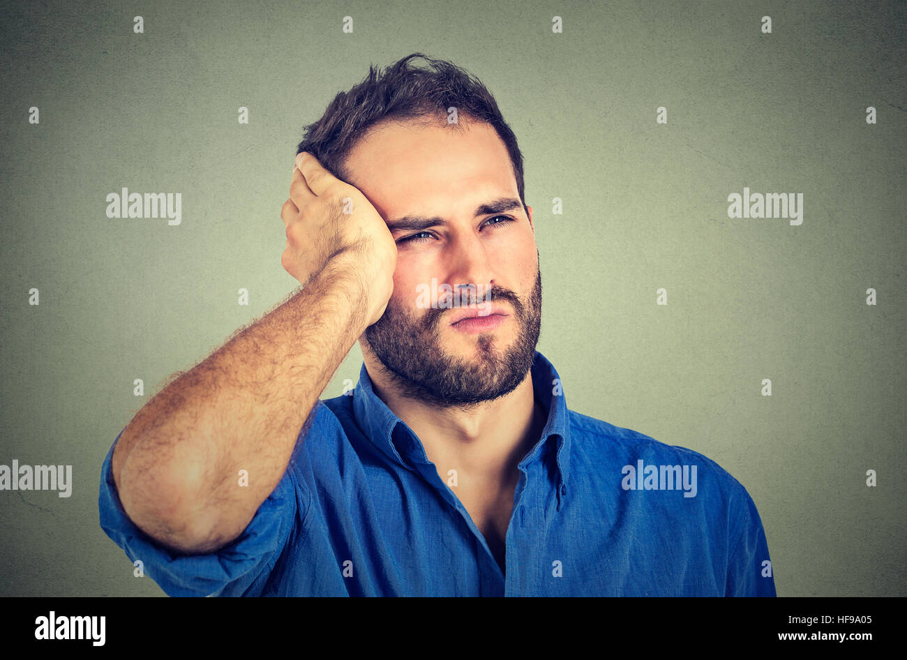 portrait stressed sad handsome young man looking up thinking isolated ...