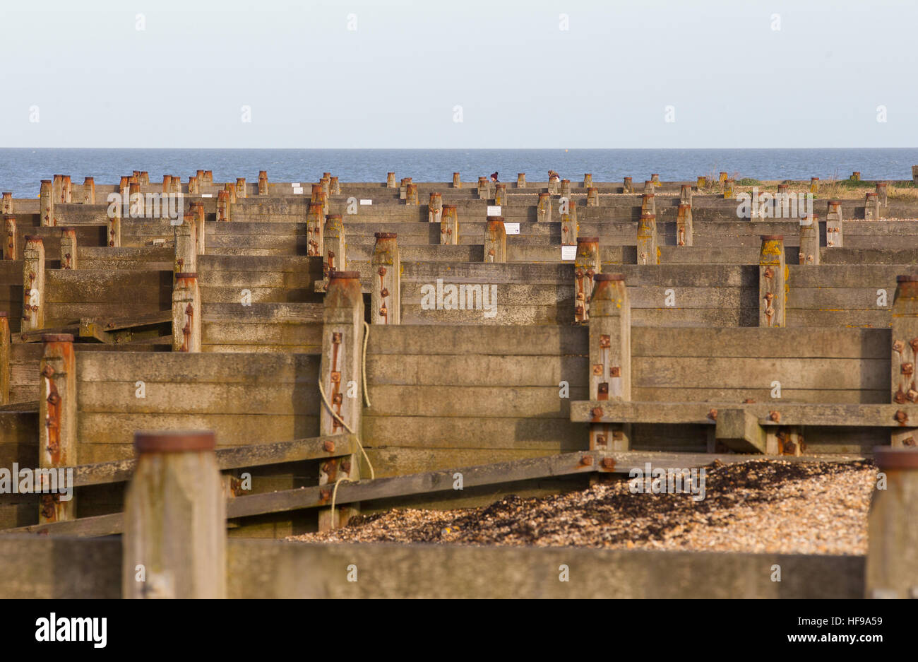 Costal defence groynes in Whitstable to prevent Longshore drift Stock ...
