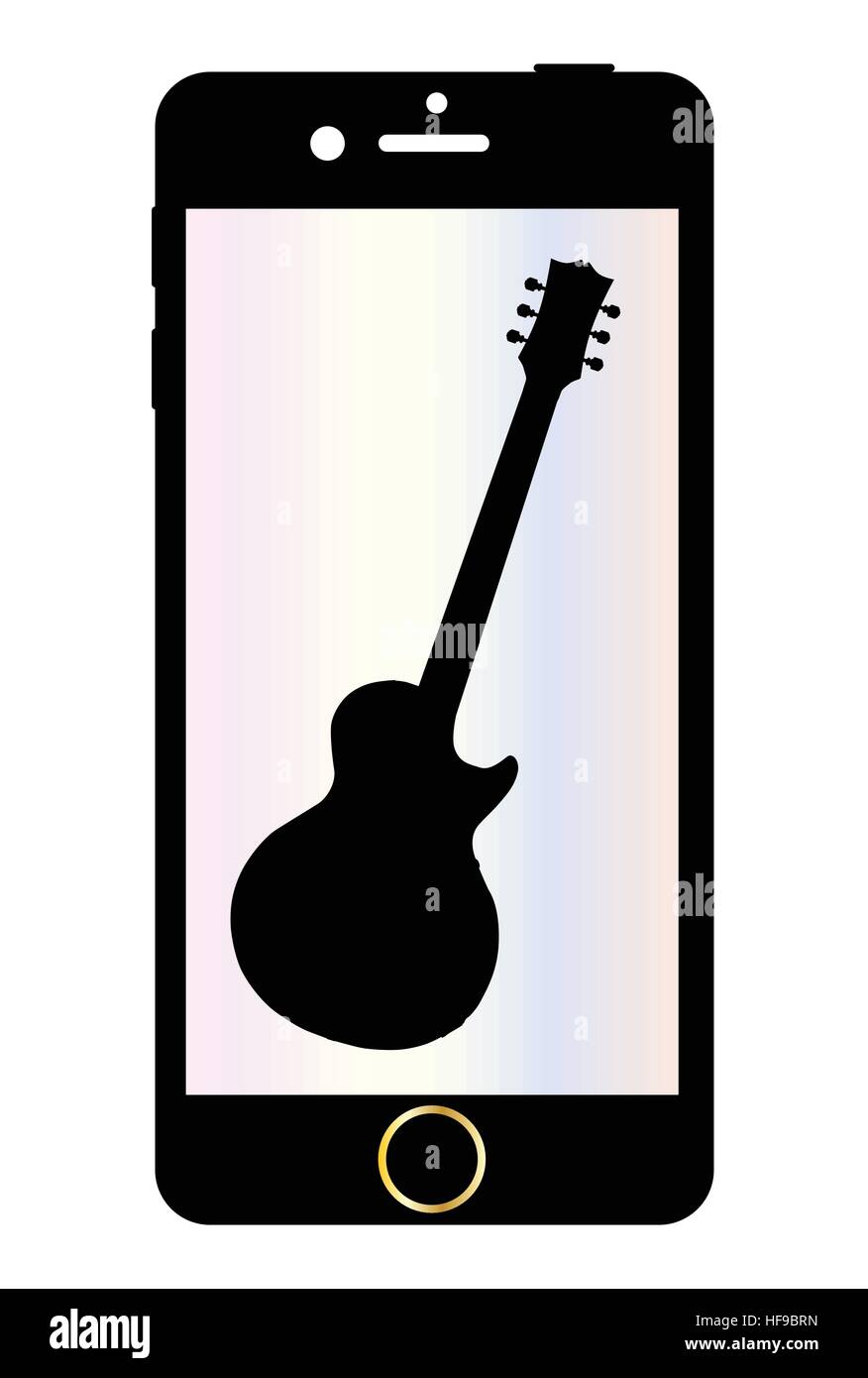 A generic mobile phone with a guitar on the screen over a white ...