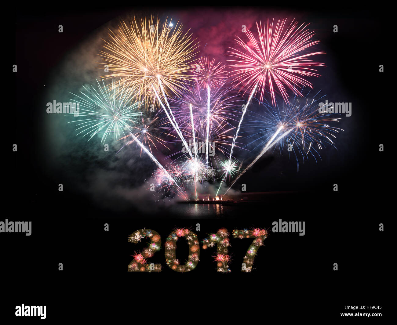 2017 New year calendar background. 2017 numbers made of fireworks ...