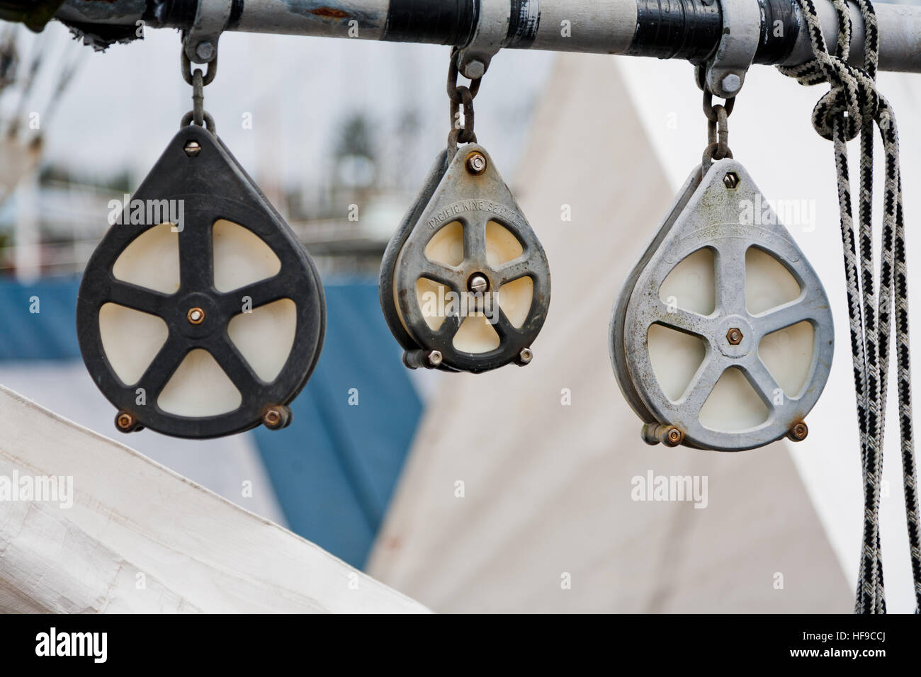 Pulleys on a fishing boat Stock Photo - Alamy