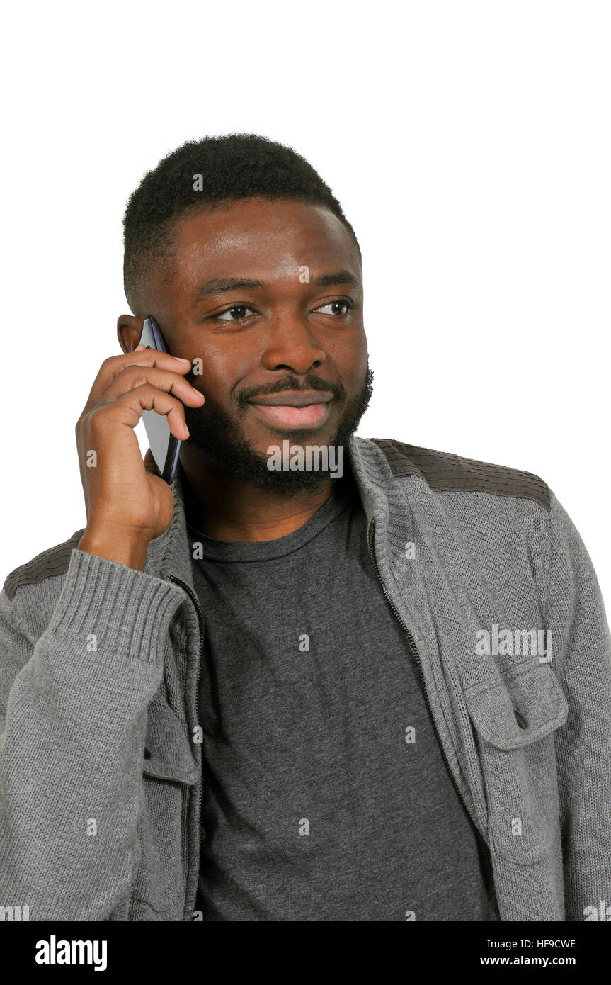 Young African American black man talking on a cell phone Stock Photo ...