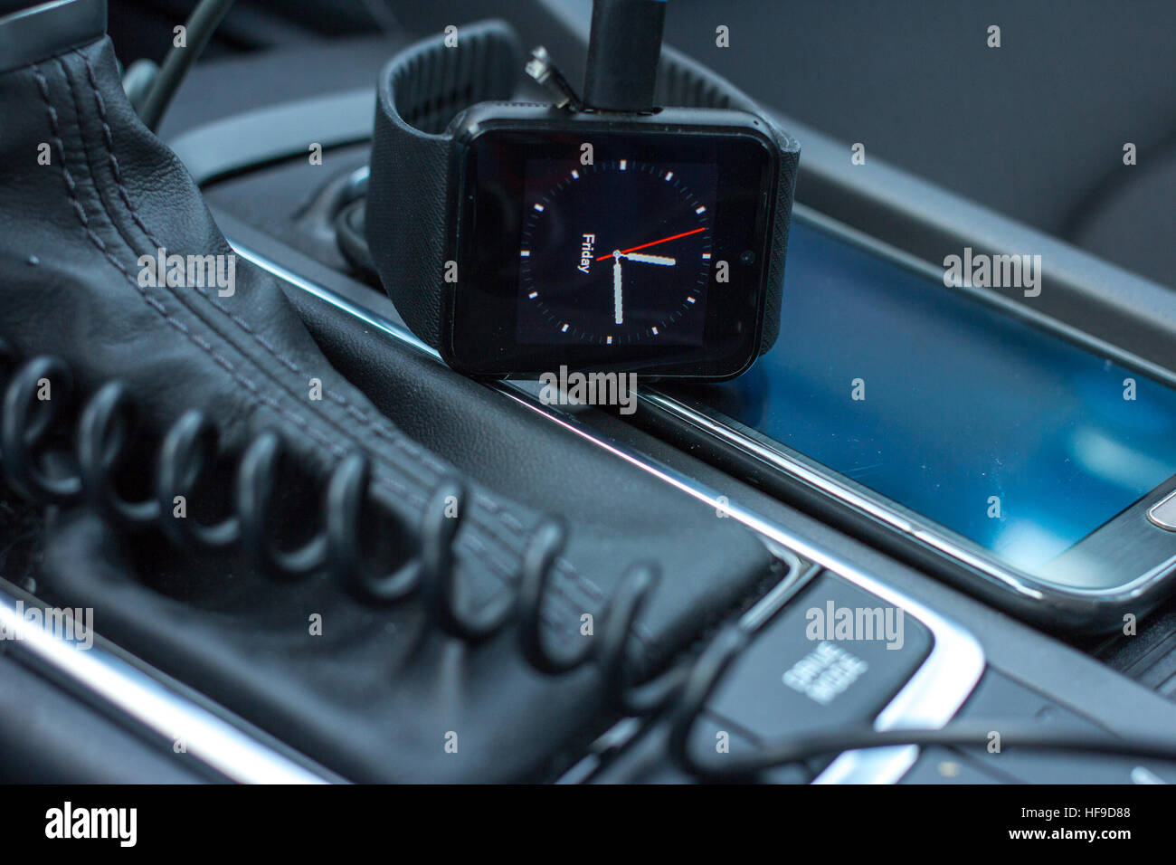 Modern car interior with smart watch in steering wheel Stock Photo - Alamy