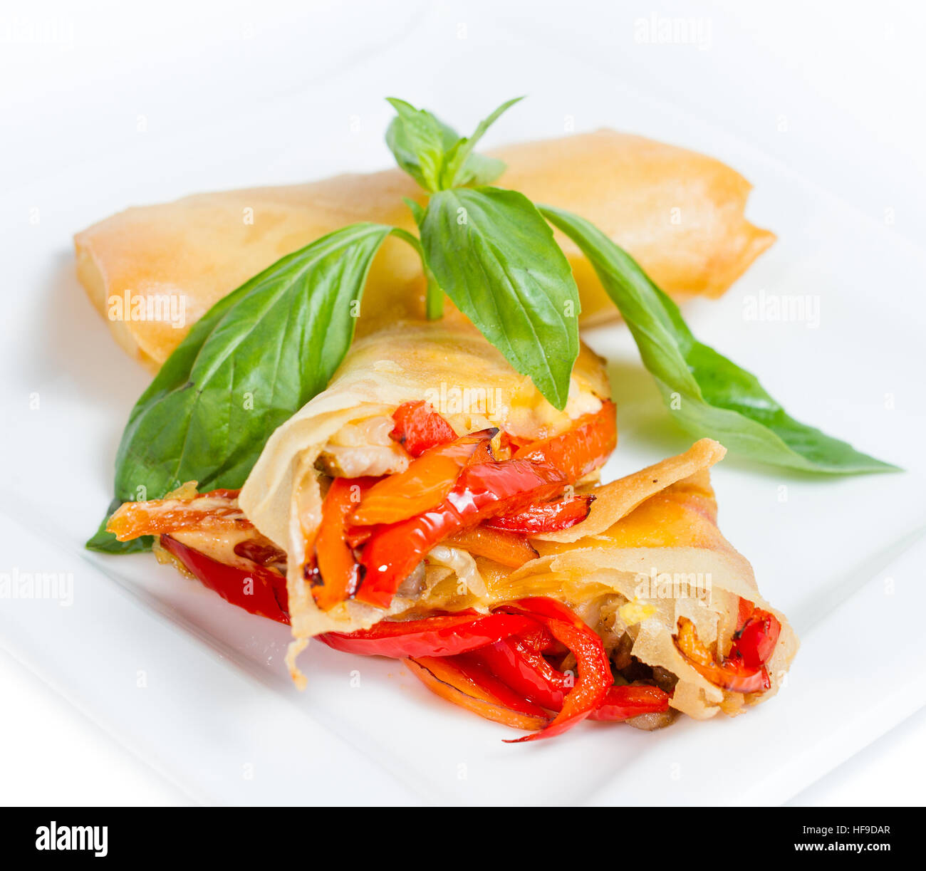 Vegetable Spring Rolls, on white dish top view Stock Photo - Alamy