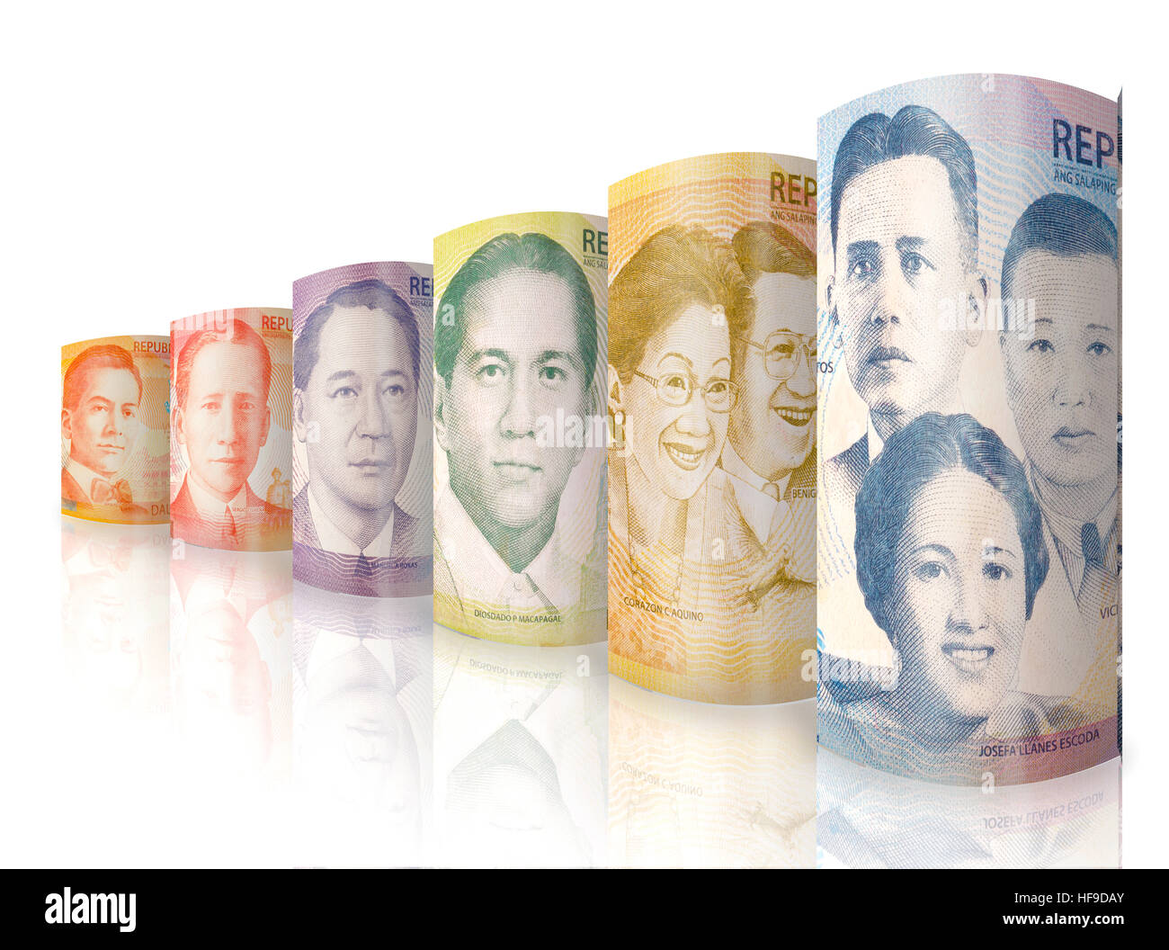 Different money bills standing next to each other forming a row that is ...