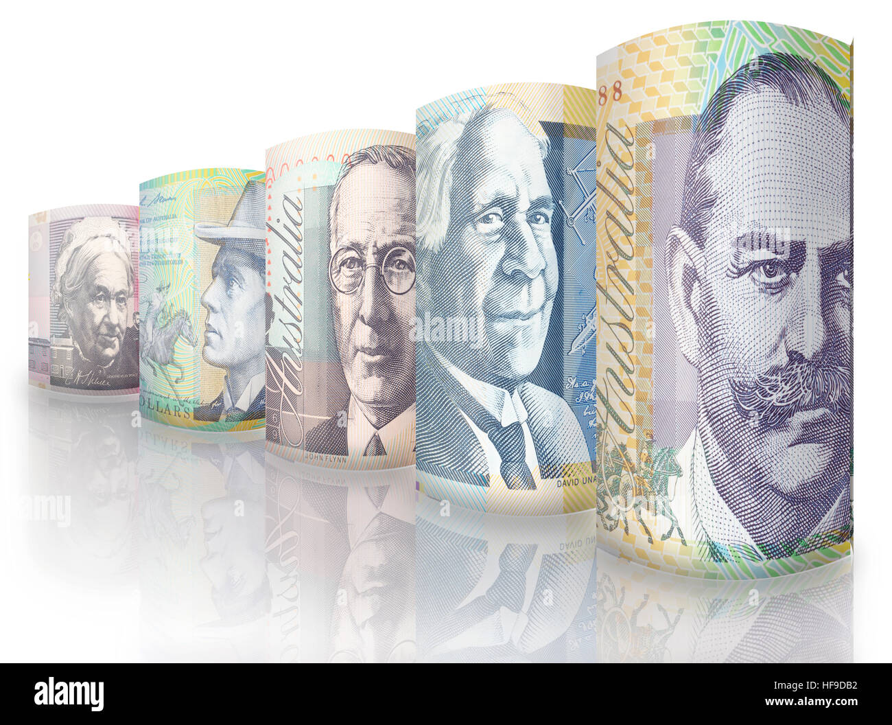 Different money bills standing next to each other forming a row that is ...