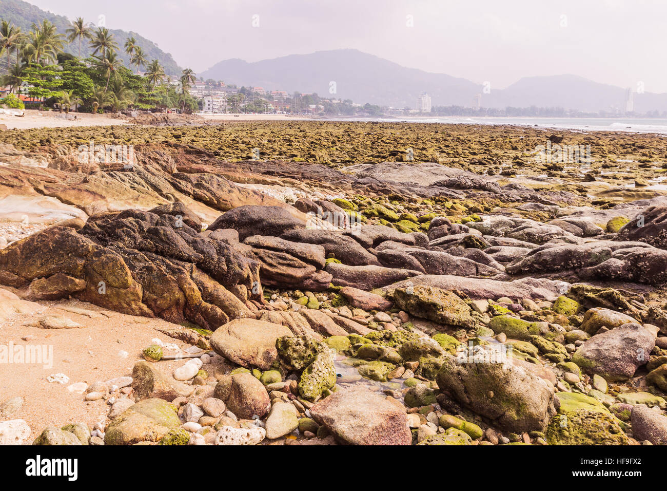 Rock exposed when low tide background, Kalim bay, Phuket, Thailand ...