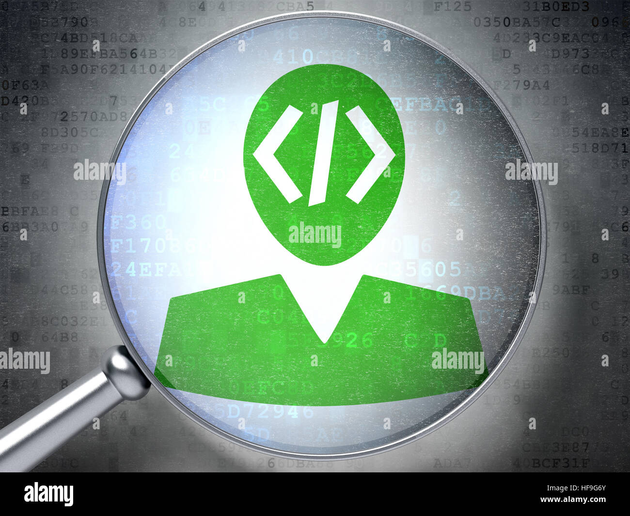 Software concept: Programmer with optical glass on digital background ...