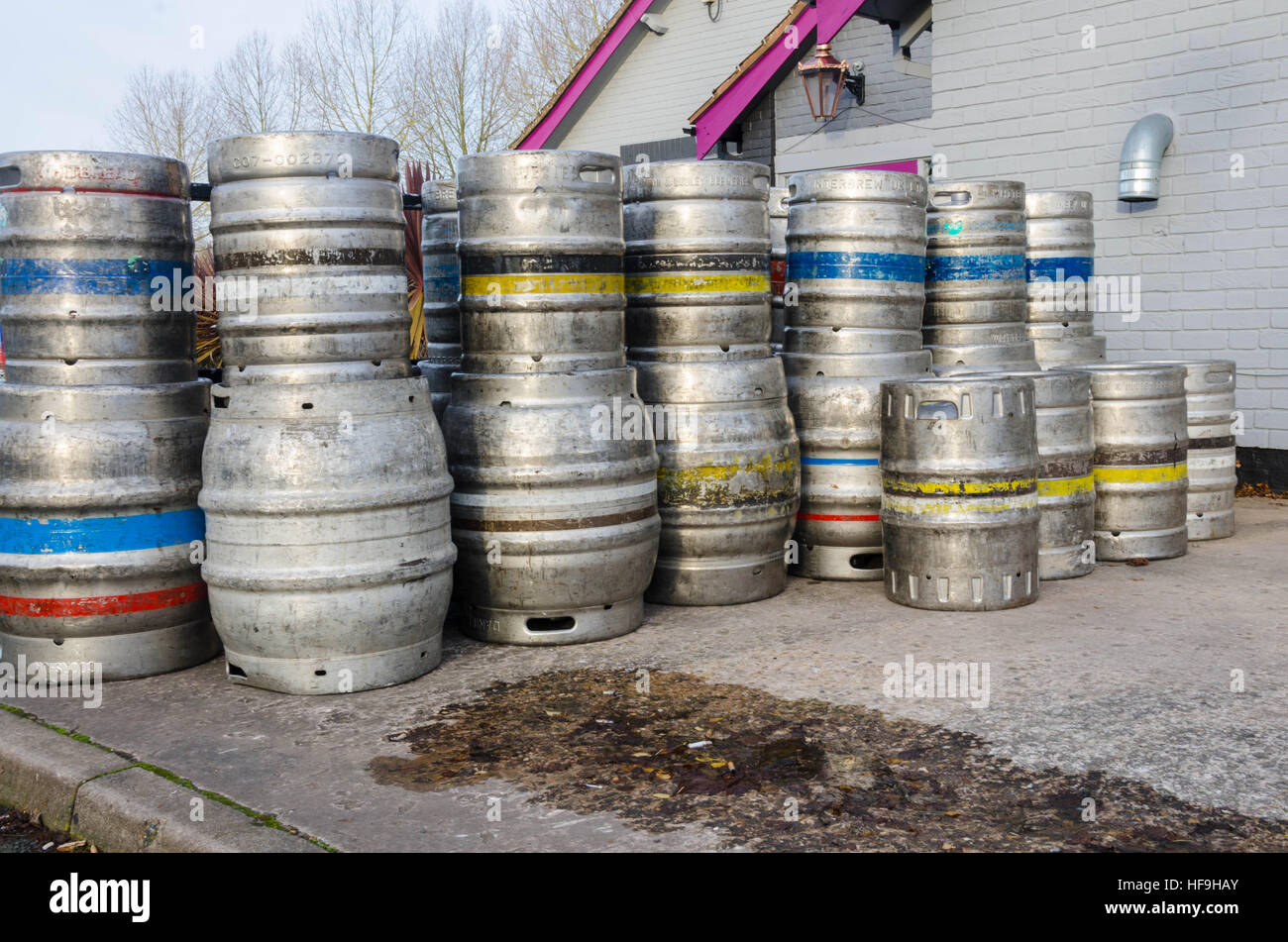 Beer barrels stacked up outside a pub Stock Photo - Alamy