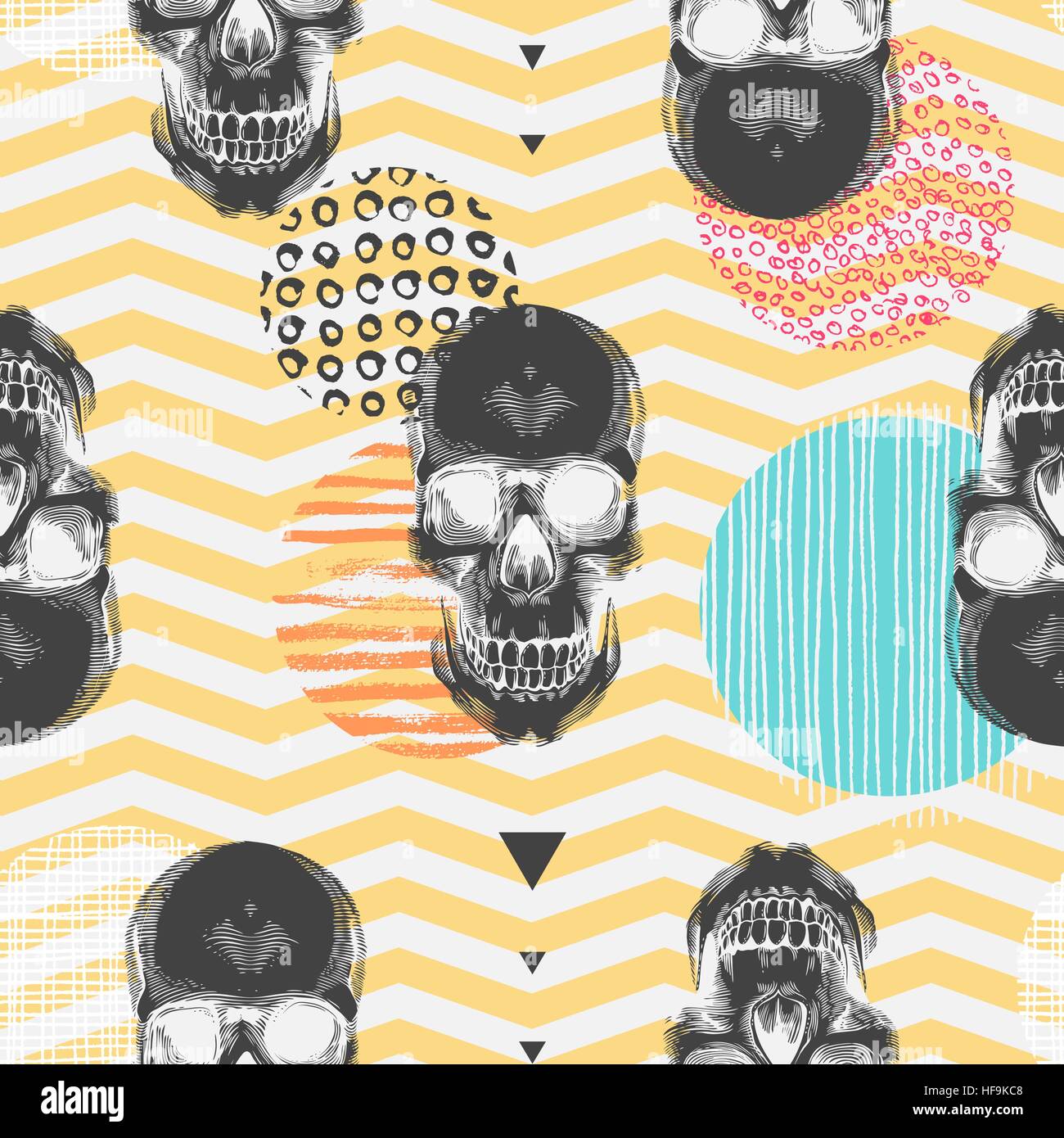 Kitschy seamless pattern with sugar skulls, multicolored circles of ...
