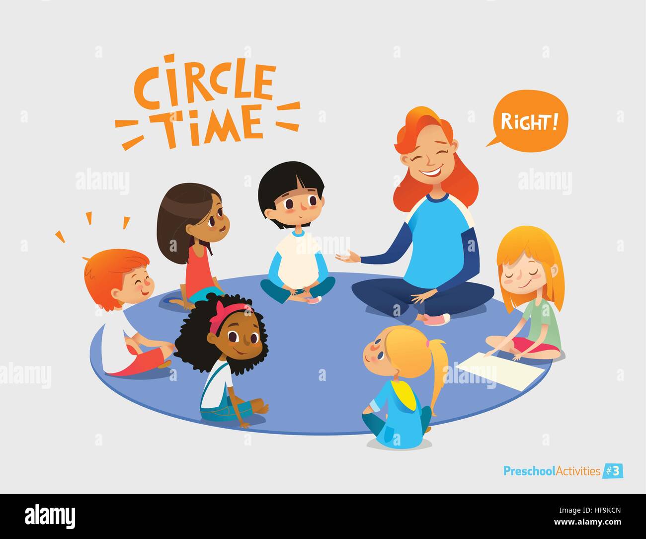 Kids listen and talk to friendly preschool teacher during educational ...