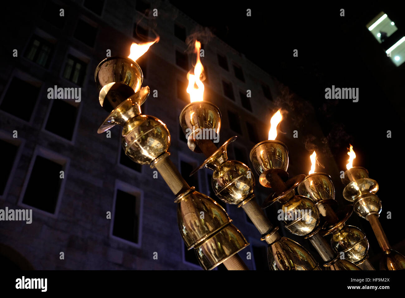 Lit public menorah in Mamilah street during Hanukkah Jewish feast in ...