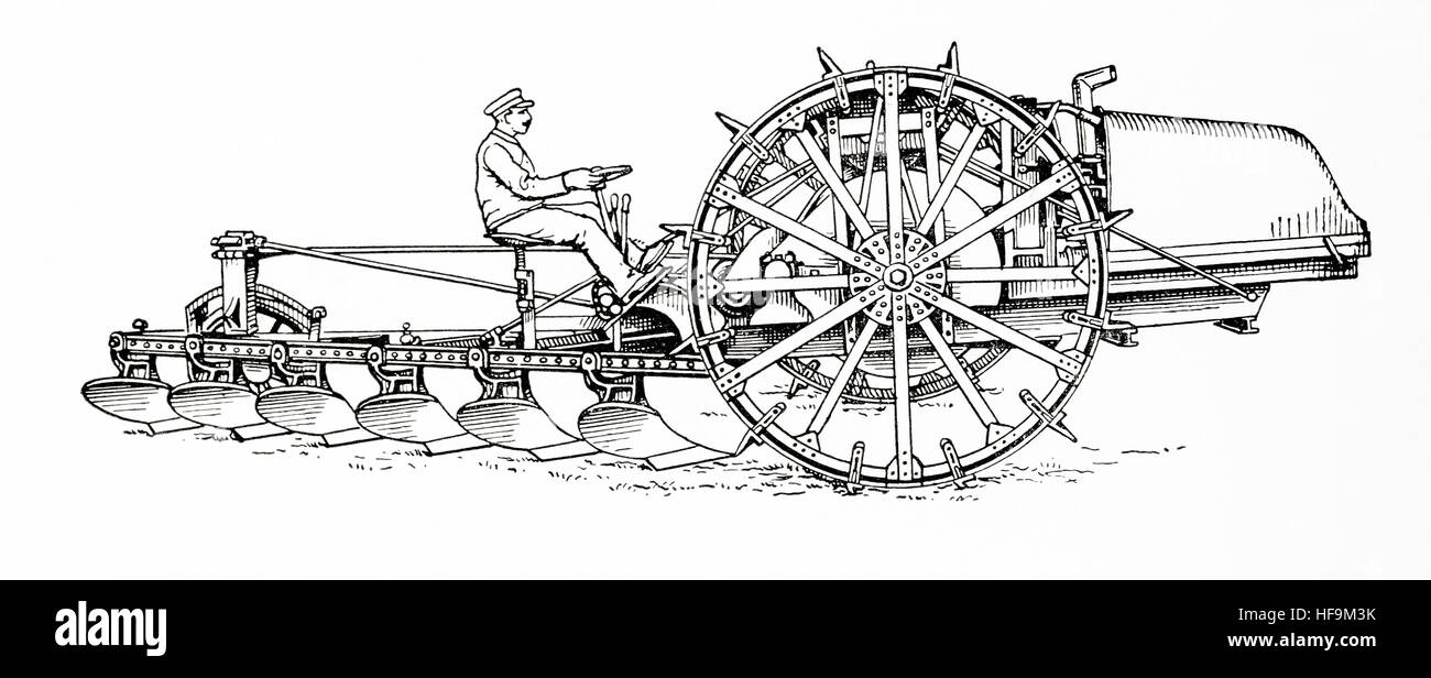 An early 20th century tractor drawn furrow plough. From Meyers Lexicon ...