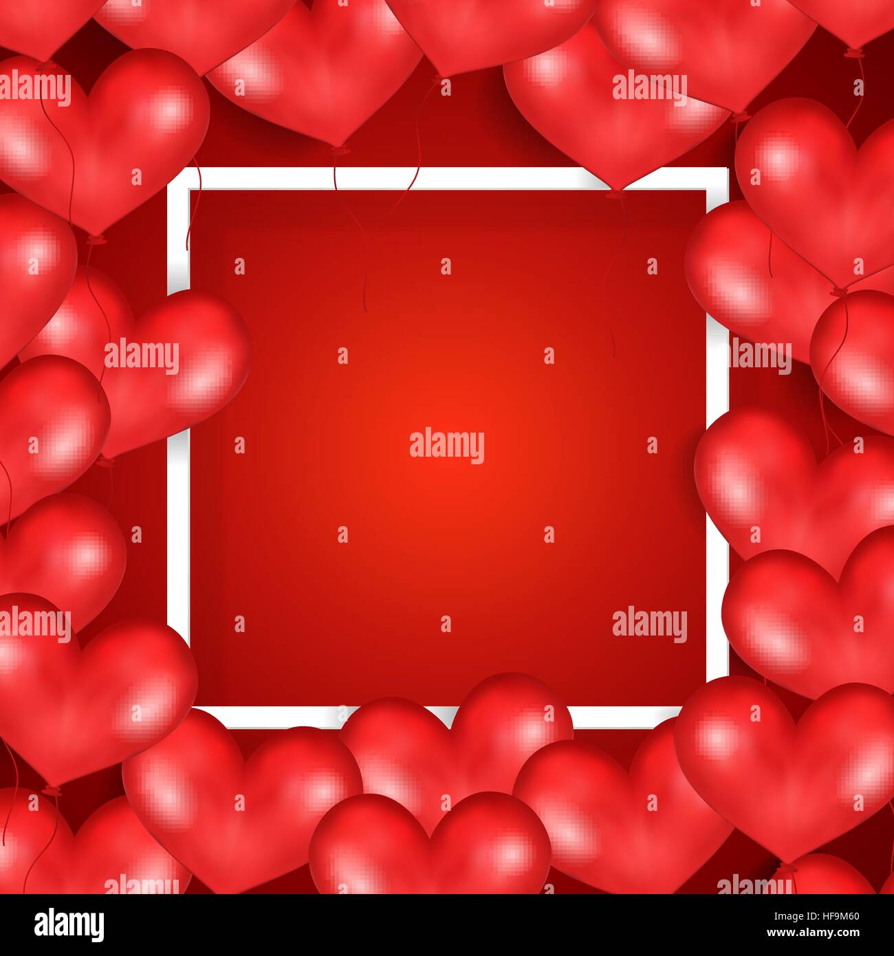 Frame With Red Flying Balloons In Form Of Heart. Red Background. Place ...