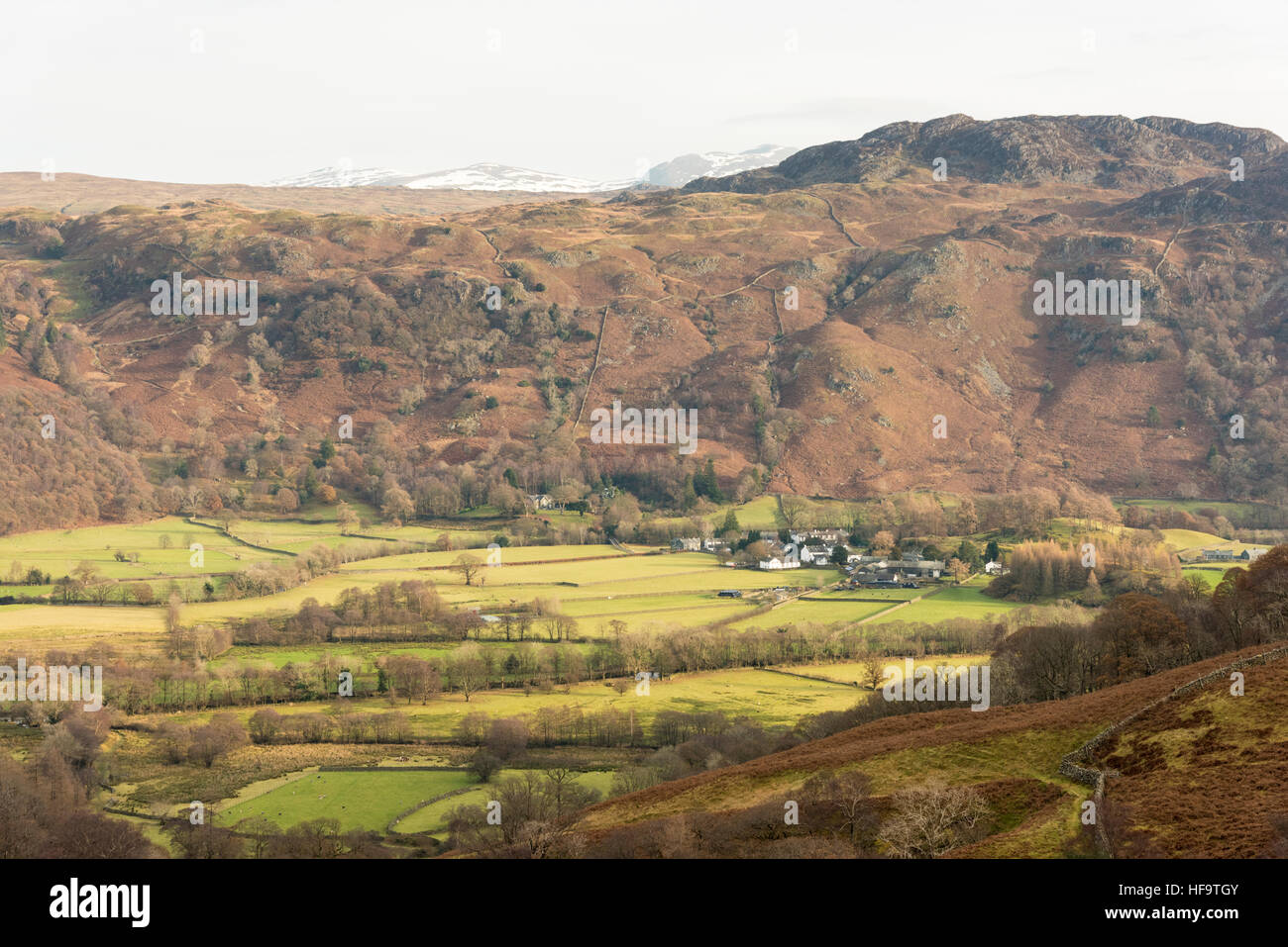 The village of Rosthwaite and scenery of Borrowdale valley in winter ...
