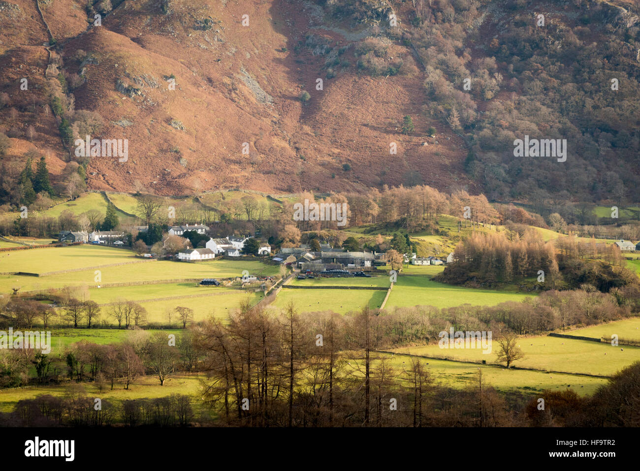 The village of Rosthwaite and scenery of Borrowdale valley in winter ...