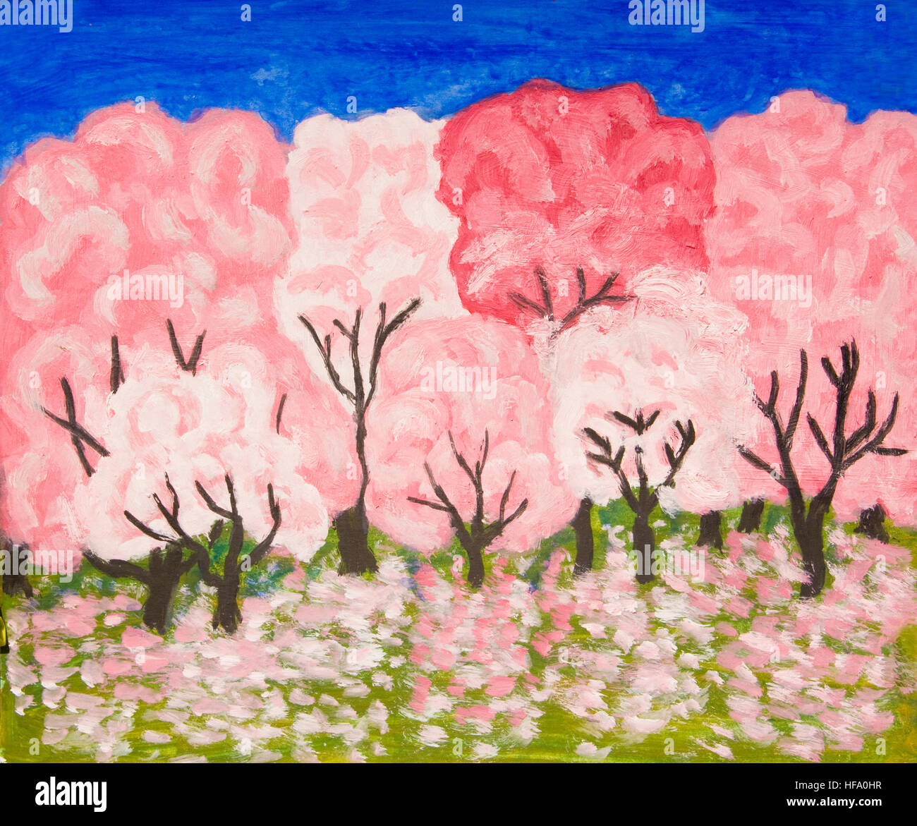 Spring garden in blossom in pink colours, oil painting Stock Photo - Alamy