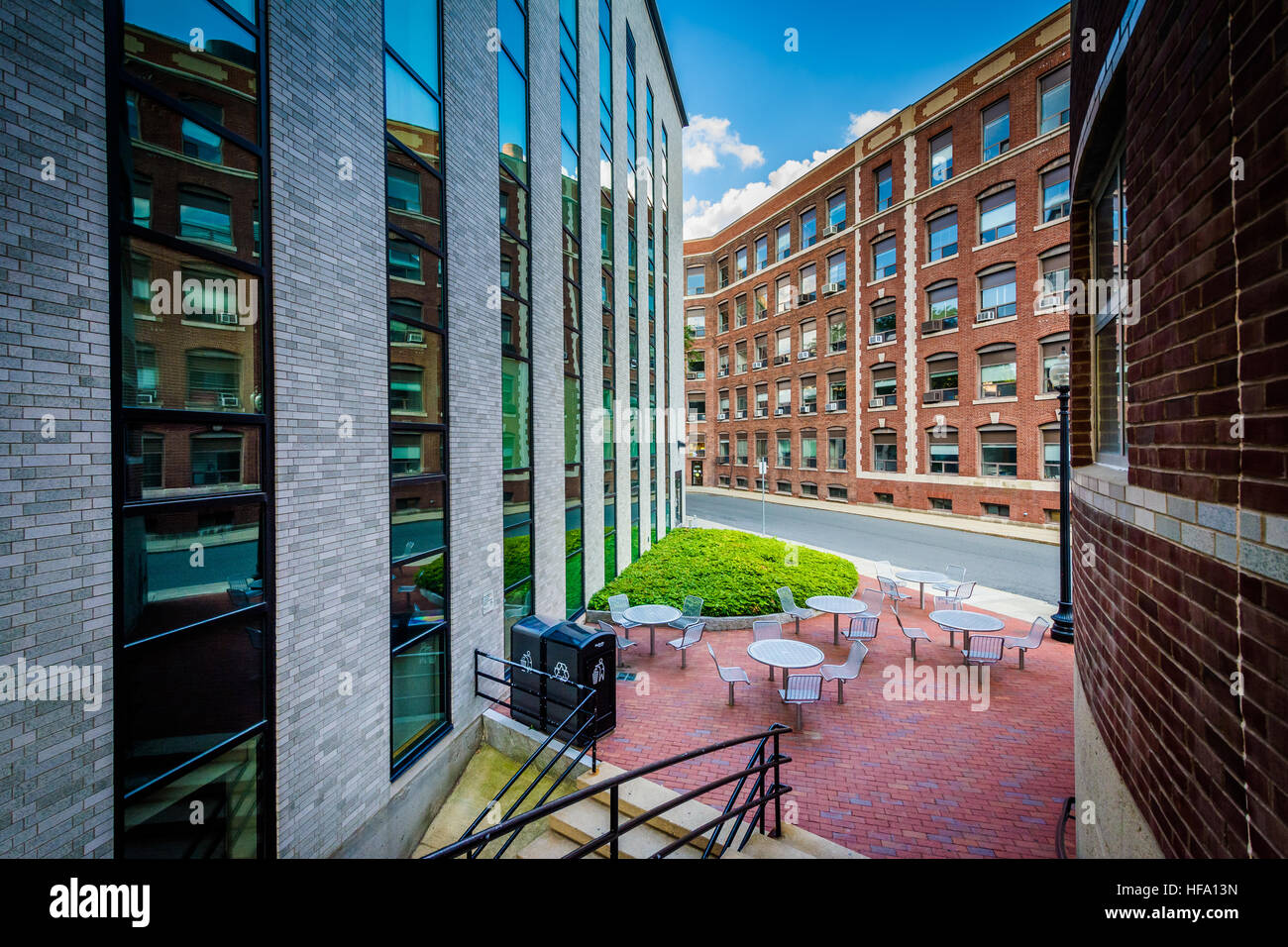 Corridor between buildings at Northeastern University, in Boston ...