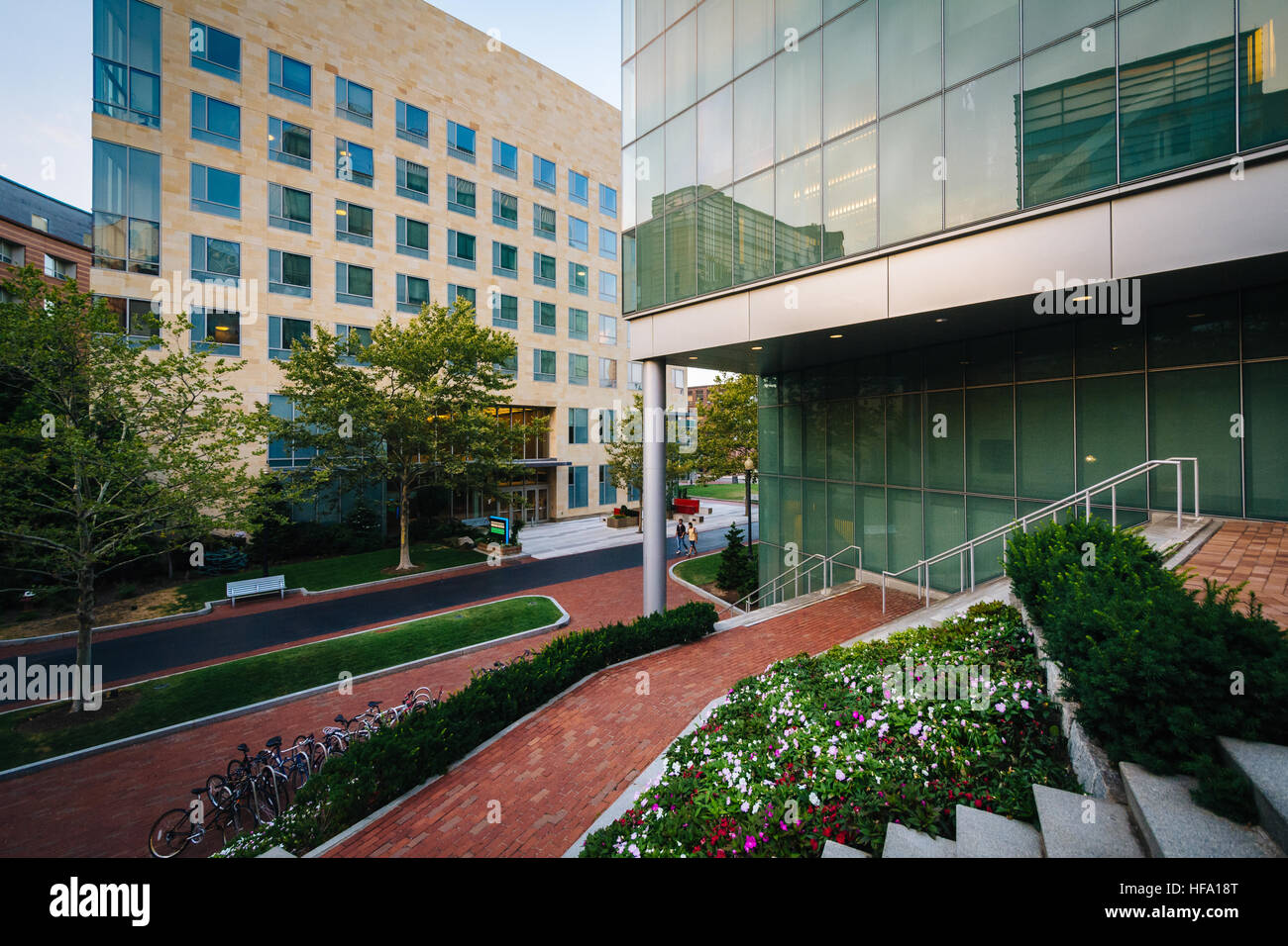 Gardens and modern buildings at Northeastern University, in Boston ...