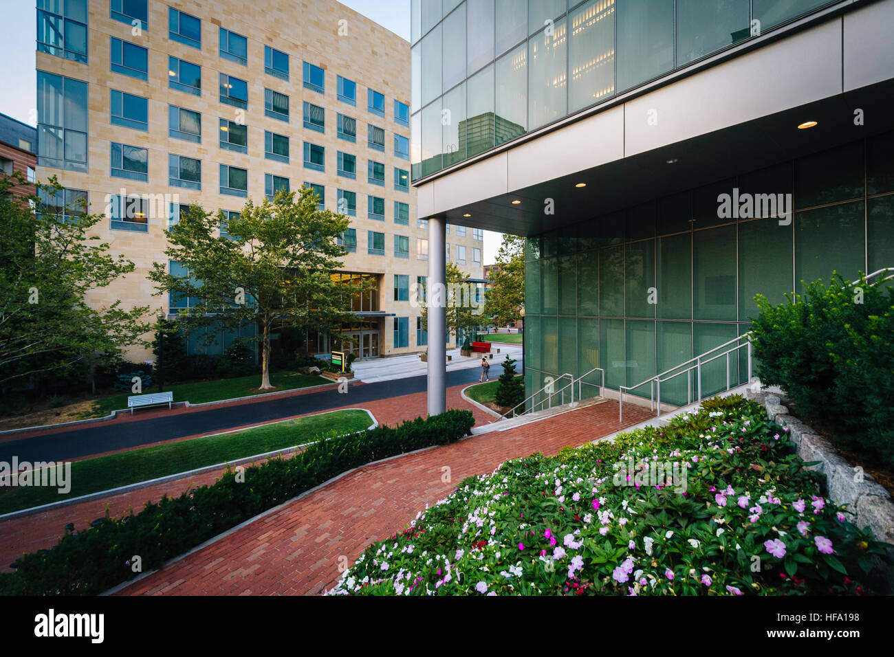 Gardens and modern buildings at Northeastern University, in Boston ...
