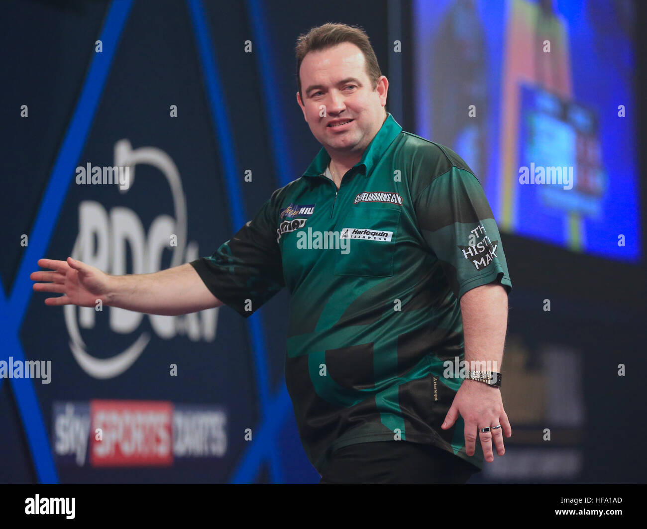 Brendan Dolan reacts during day eleven of the William Hill World Darts ...