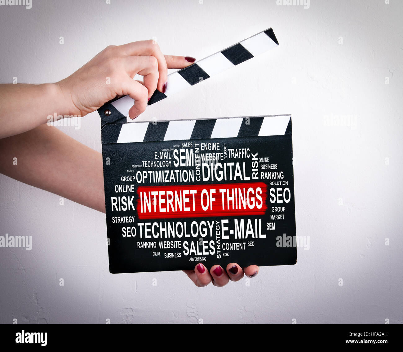 Internet of things concept. Female hands holding movie clapper Stock ... Internet of things concept. Female hands holding movie clapper Stock ...