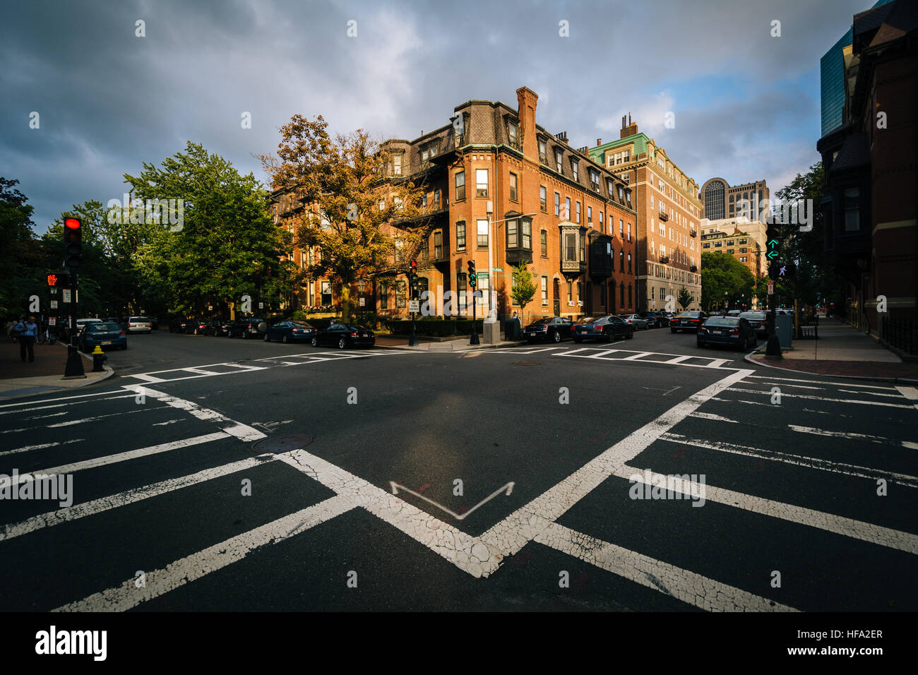 Intersection and historic buildings in Back Bay, Boston, Massachusetts ...