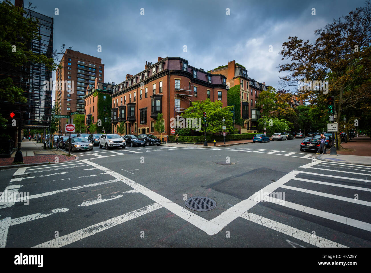 Intersection and historic buildings in Back Bay, Boston, Massachusetts ...