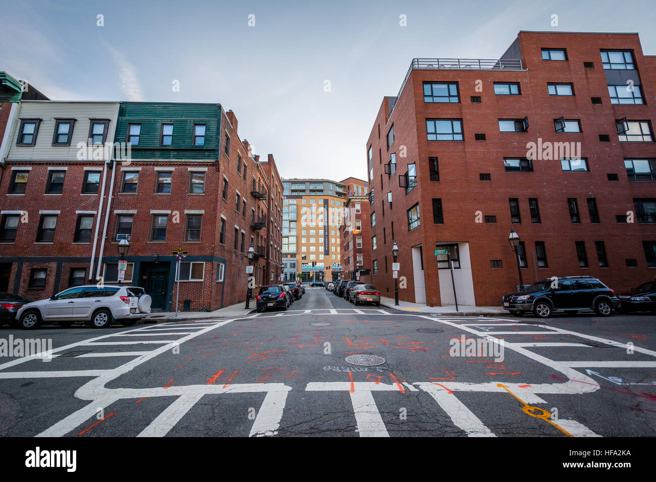 Intersection and historic buildings in the North End of Boston ...