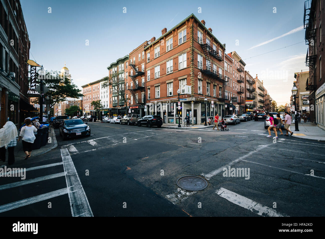 Intersection and historic buildings in the North End of Boston ...