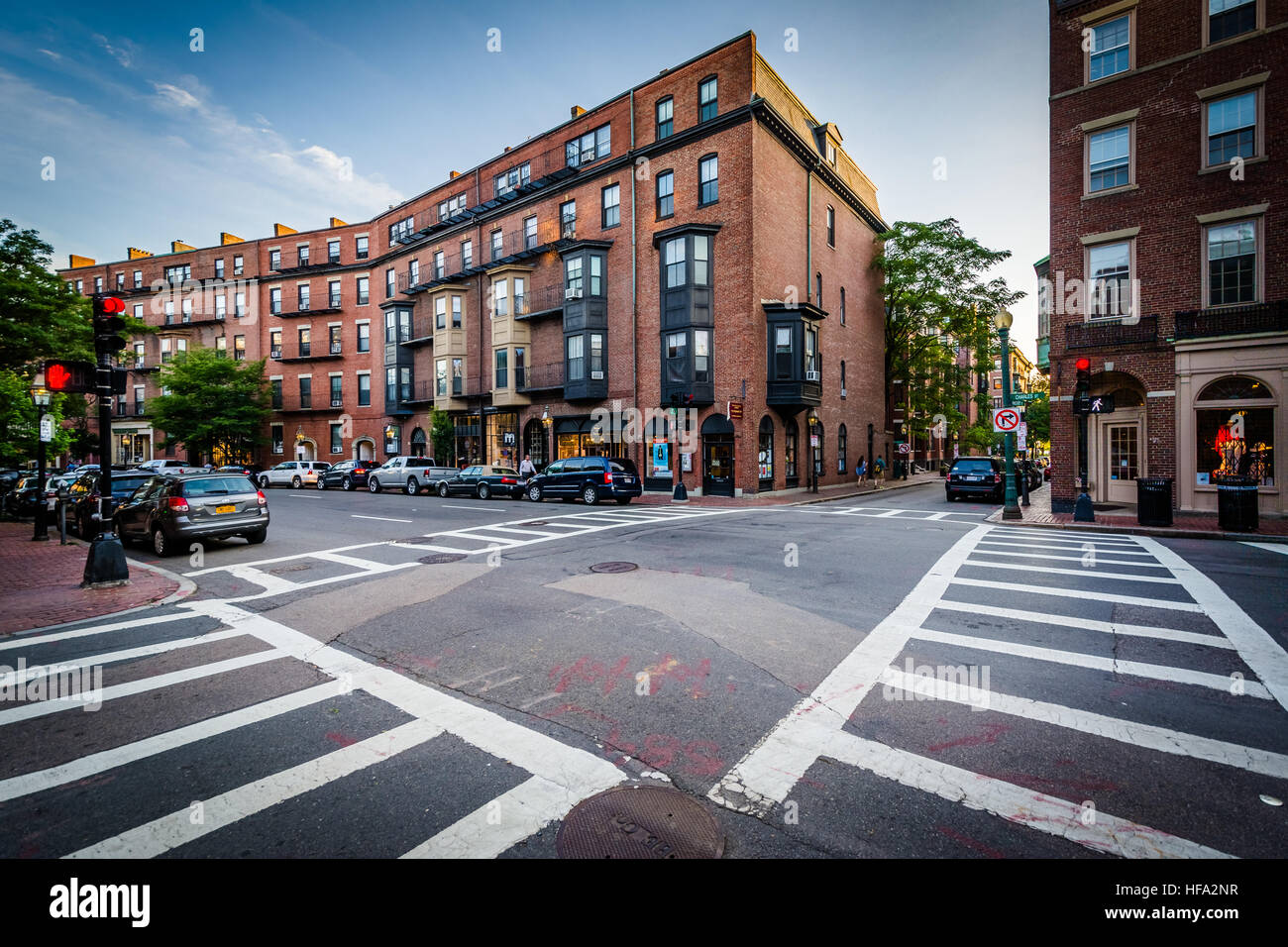 Intersection and old buildings in Beacon Hill, Boston, Massachusetts ...