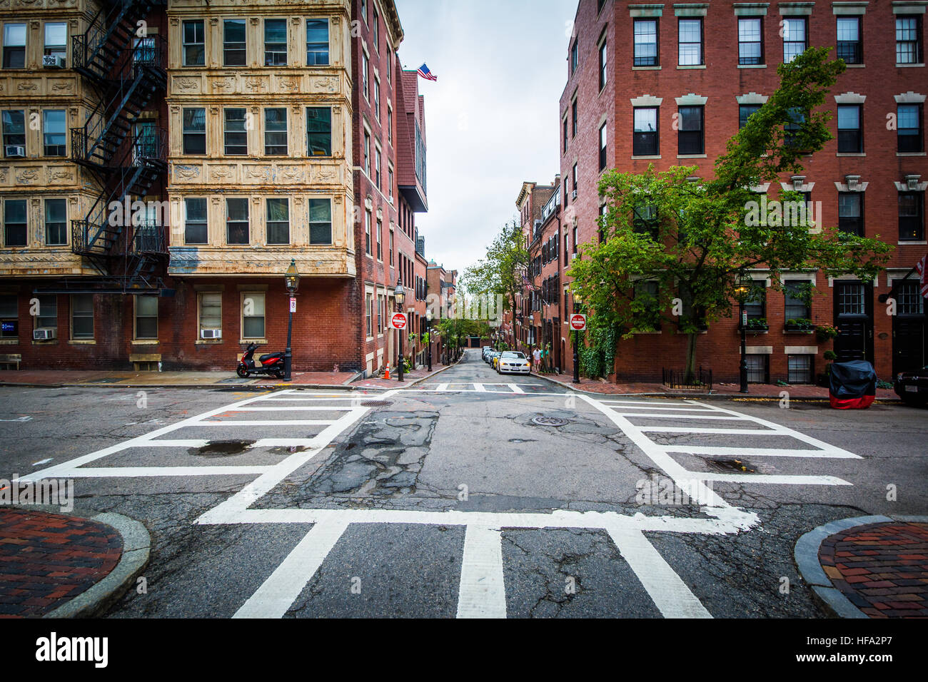 Intersection and old buildings in Beacon Hill, Boston, Massachusetts ...