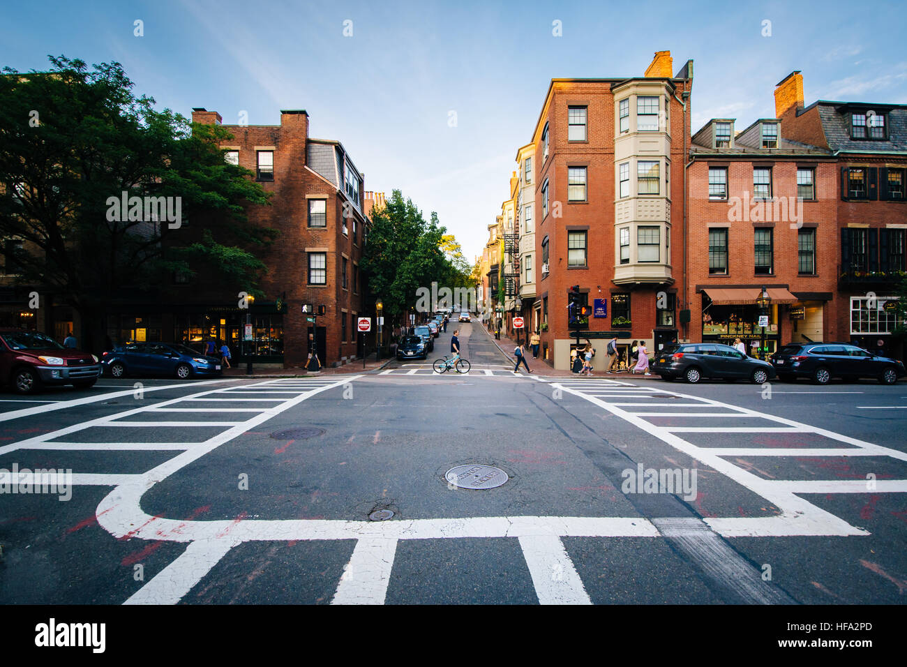 Intersection and old buildings in Beacon Hill, Boston, Massachusetts ...